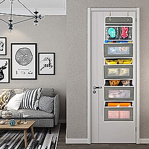 2 Pack Behind The Door Storage Organizer with 5-Shelf, Wall Mount Clear Windows, & 4 Metal Hooks for Pantry, Nursery, Bedroom, Bathroom, Kitchen, Closet, Dorm (Grey), 49.2'' (H)x12.2'' (W)x5.5'' (D)