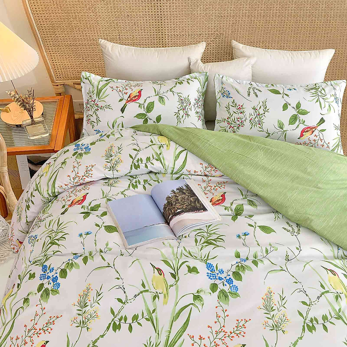 Nanko King Size Duvet Cover Set, Green Floral/Flower Leaf Bird Print Pattern, 3pc 104x90 Microfiber Comforter Quilt Bedding Cover with Zip Ties - Spring Modern Farmhouse for Men and Women Teen Girl