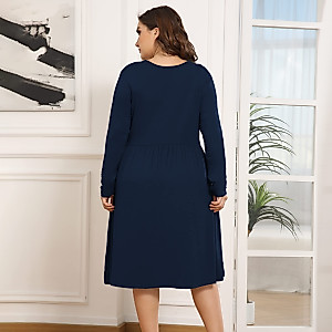 POSESHE Women's Plus Size Casual Long Sleeve Navy Blue Dresses Soft Stretchy Swing Sunflower Home Dress,Navy Blue,L