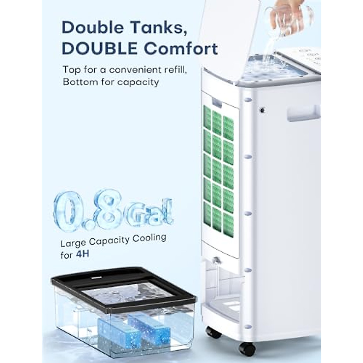 Evaporative Air Cooler, BALKO 3-IN-1 Windowless Swamp Cooler w/ 0.8 Gal Detachable Water Tank, 7H Timer & Remote, 4 Ice Pack, 70° Oscillation, Ductless Air Conditioner Portable for Room Indoor Office