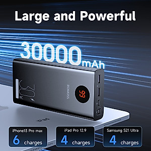 ROMOSS 30000mAh Power Bank PEA30, PD 30W USB C Two-Way Fast Charging Portable Charger External Battery Pack with 3 Outputs& 3 Inputs for iPhone14/13/12, Tablet, MacBook Air, Surface Pro7, and More