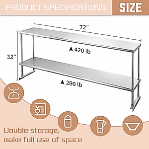 HALLY Double Overshelf of Stainless Steel 12'' x 72'' Weight Capacity 420lb, Commercial 2 Tier Shelf for Prep & Work Table in Restaurant, Home or Kitchen