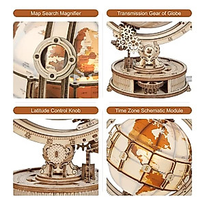 ROKR 3D Wooden Puzzles for Adults, LED Illuminated Globe with Stand, 3D Wooden Globe Model Kits with LED Light, Unique Gift for Birthday/Anniversay