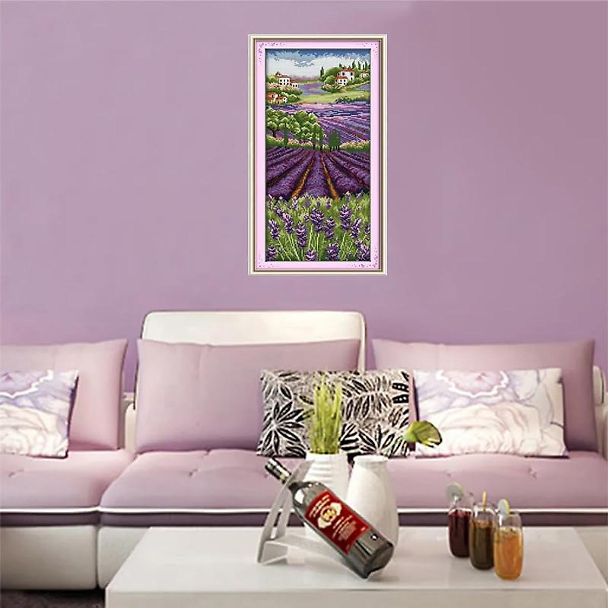 Lavender Champaign Stamped Cross Stitch Kits for Adults, Scenery Counted Pattern Needlepoint Kits Crafts Dimensions Cross-Stitch Stamped Kits Embroidery Kits Arts Craft Kits for Wall Art Gift