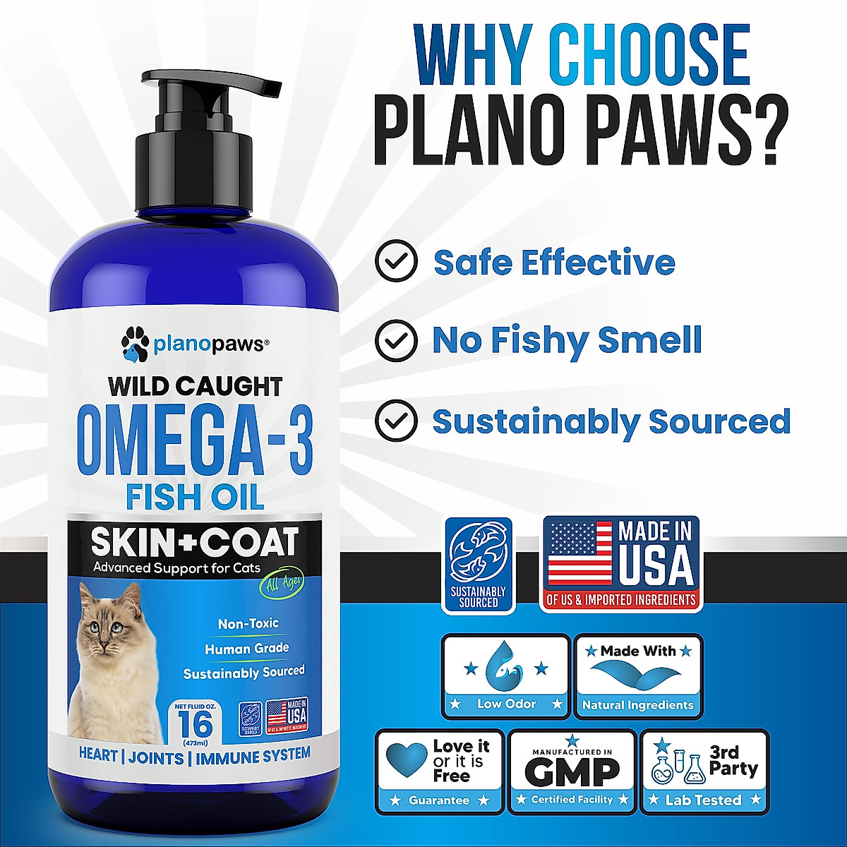 Omega 3 Fish Oil for Cats - Better Than Salmon Oil for Cats - Kitten + Cat Vitamins and Supplements - Cat Health Supplies - Cat Dandruff Treatment - Liquid Fish Oil for Pets - Cat Shedding Products