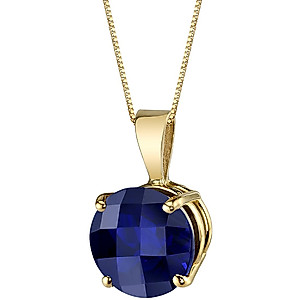 PEORA 14K Yellow Gold 2.75 Carats Created Blue Sapphire Pendant for Women, Classic Solitaire, AAA Grade Round Shape 8mm