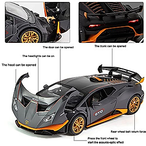 1:24 Alloy Diecast Car Model for Lamborghini Huracan STO 2021 Toy Car, Pull Back Vehicles Model Cars Toy for Kids 3 to 12 Years Old Gift Adult Collection Car Model with Sound & Light (Advanced Grey)