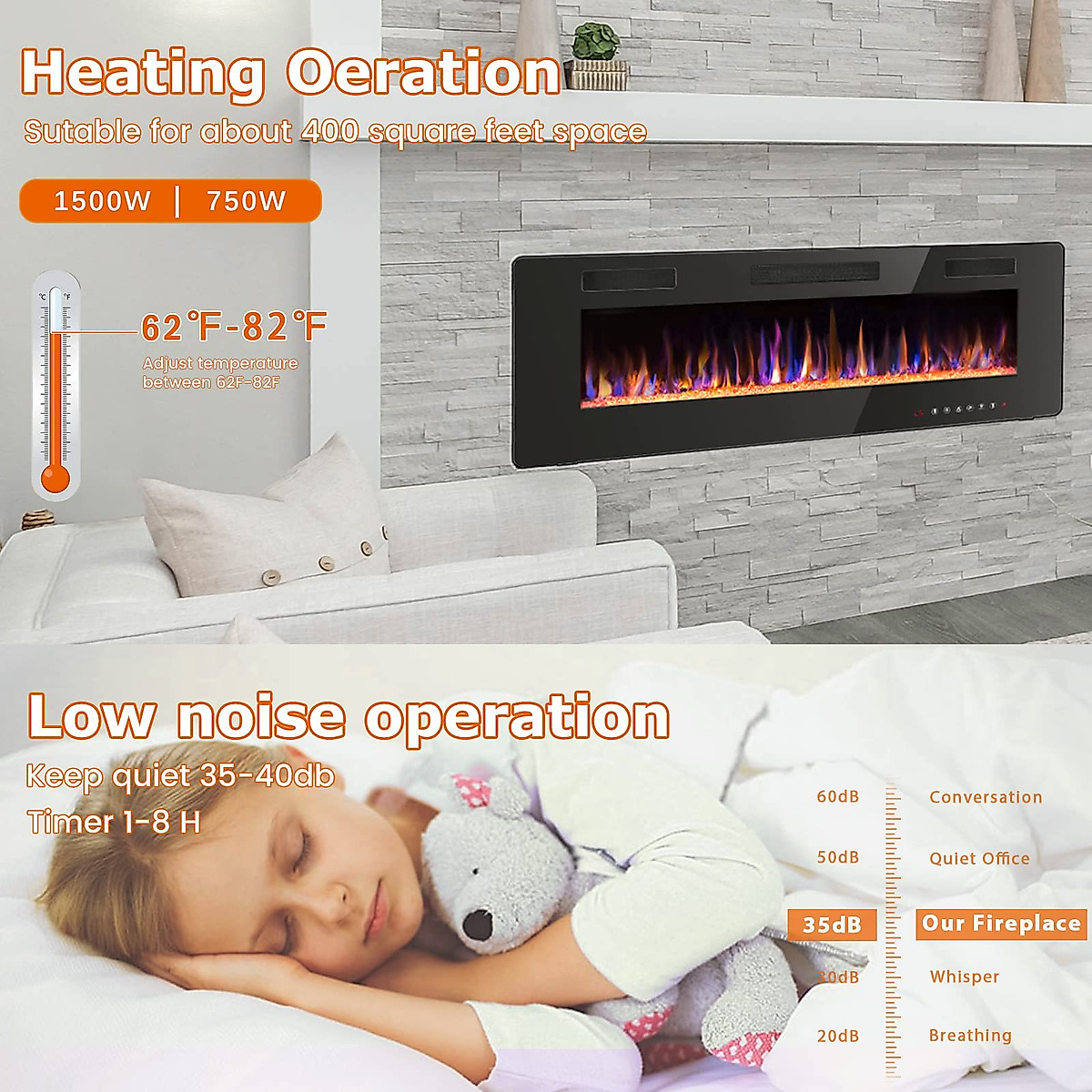 TAVATA 60" Recessed and Wall Mounted Electric Fireplace, Wall Fireplace Electric with Remote Control & Timer, Touch Screen, Adjustable Flame Color and Speed, 750w/1500w