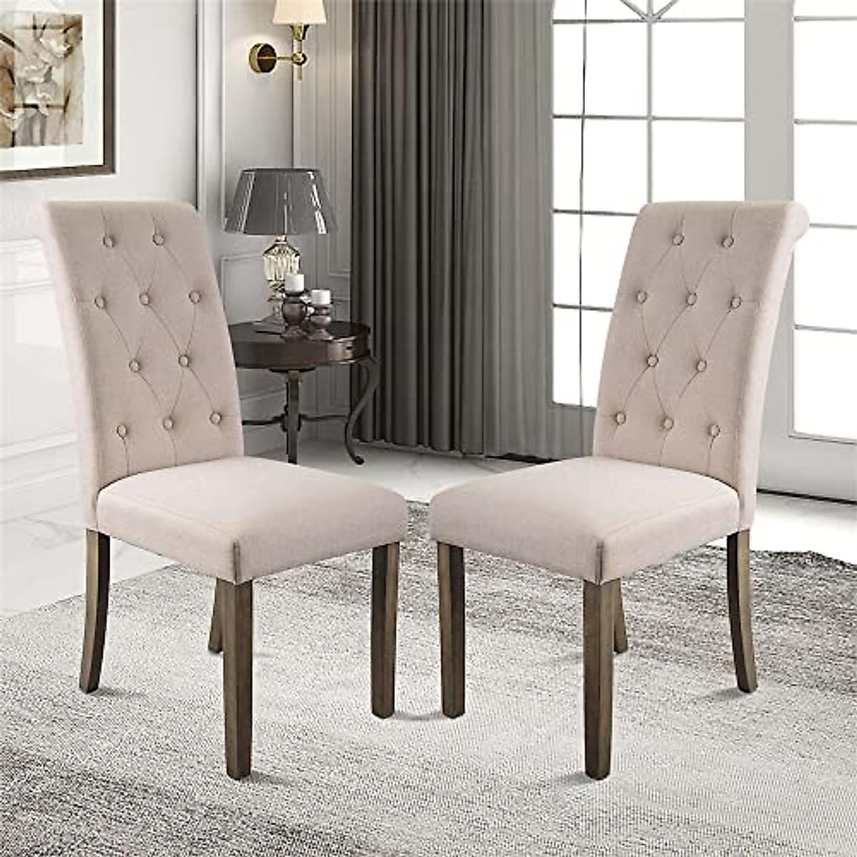 Zaboro Dining Chair Set of 2, Aristocratic Style, Noble and Elegant Solid Wood Tufted Dining Chair Dining Room Chair,Beige