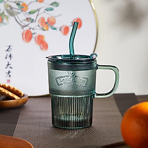 LOVWISH Glass Cups with Lids and Straw,15OZ Drinking Glasses with Handle, Suitable for Men and Women Drinking Water, Coffee, Tea, Juice, Beer -[2 Pack]