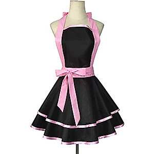 Hyzrz Lovely Handmade Cotton Retro Black Aprons for Women Girls Cake Kitchen Cook Apron for Mother's Gift (Pink)
