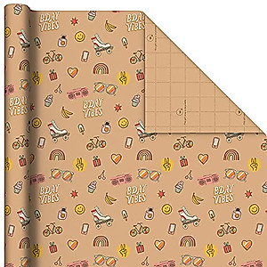 Hallmark Recyclable Wrapping Paper with Cutlines on Reverse (3 Rolls: 60 sq. ft. ttl) Kids Birthday, Retro Icons, Roller Skates, Skateboard