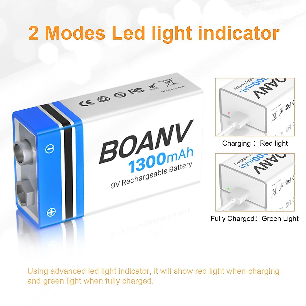 BOANV 4PCS 1300mAh 9V Rechargeable Batteries, 9V Rechargeable USB Lithium Long Lasting Battery, with 2 in 1 Charging Cable, for Smoke Detectors, Alarms, Keypad, Microphone