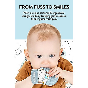 Malarkey Kids Patented Teething Mitten, Munch Mitt Baby Chew Toy - Protects Hands from Chewing & Saliva, Heals Aching Gums, Promotes Sound & Visual Stimulation for Babies - Outer Space