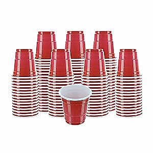 PARTY BARGAINS 2oz Plastic Shot Glasses - (120 Pack) Mini Red Disposable Plastic Shot Cups, Jello Shots, Perfect Size for Serving Condiments, Snacks, Samples and Tastings