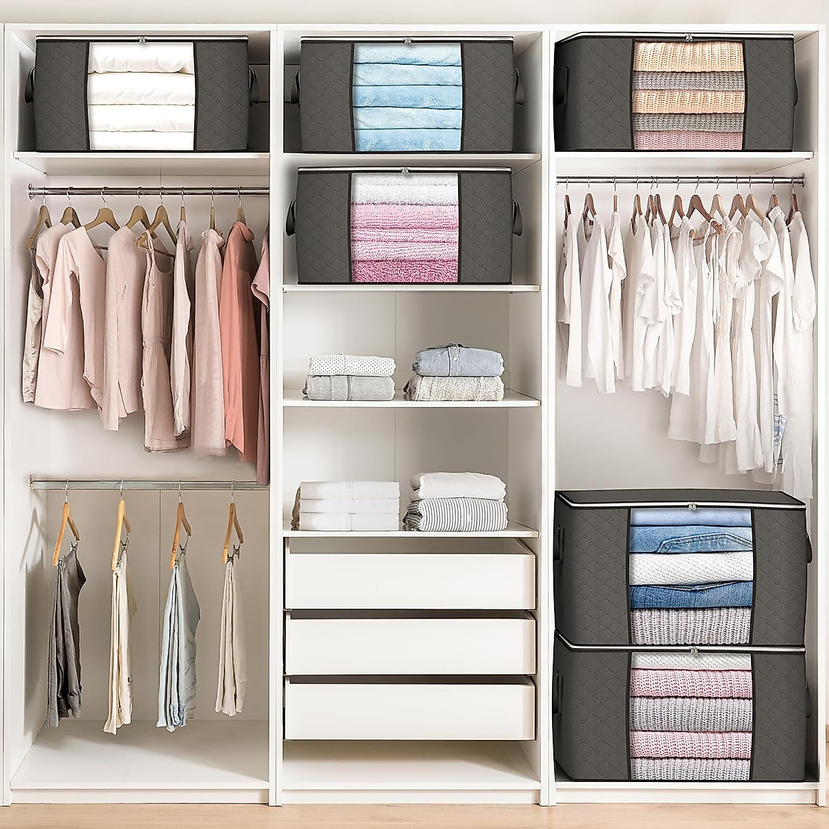 90L Large Storage Bags, 6 Pack Clothes Storage Bins Foldable Closet Organizer Storage Containers with Durable Handles Thick Fabric for Clothing, Blanket, Comforters, Bed Sheets, Pillows and Toys (Gray)