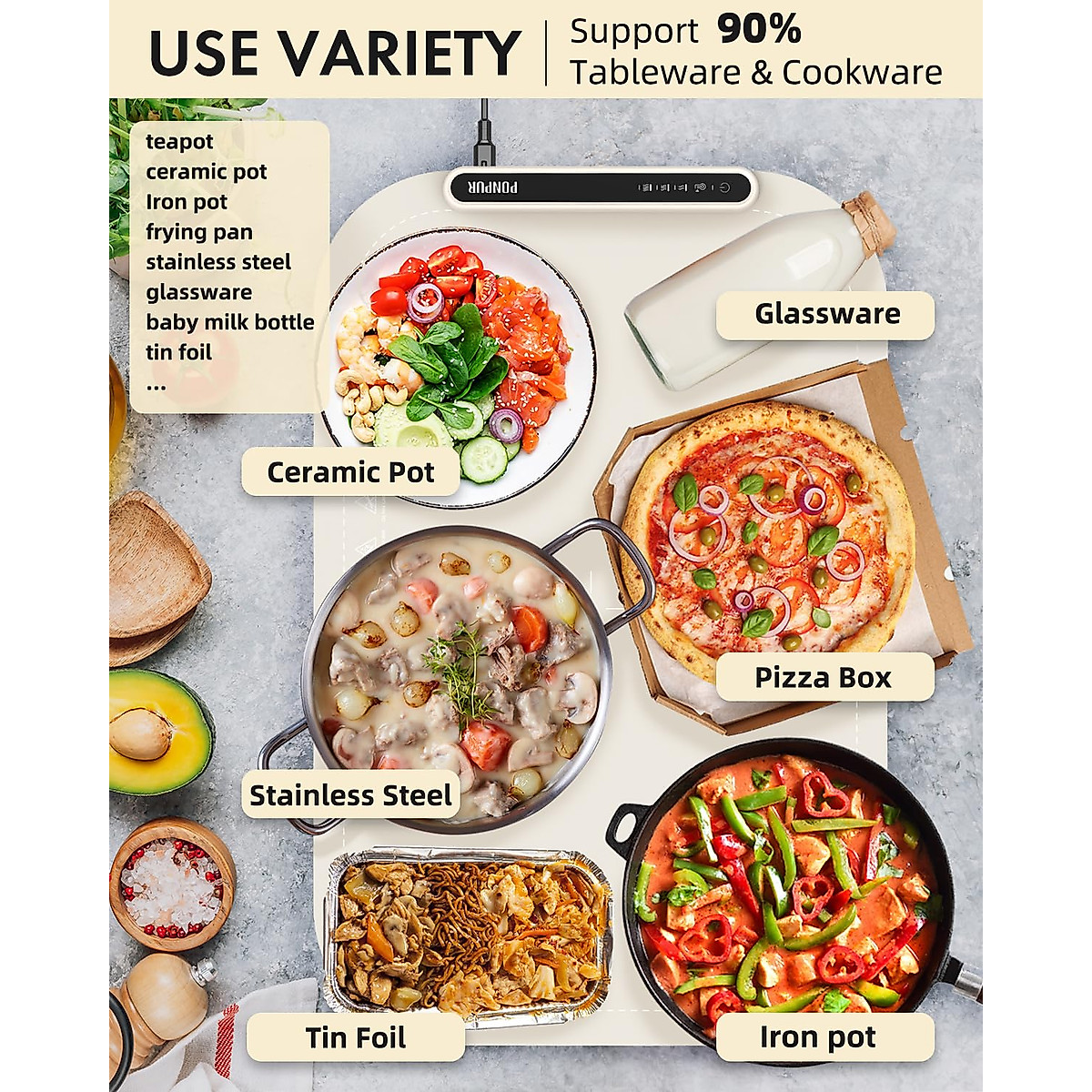 Electric Warming Mat for Food, 3 Adjustable Temperature - PONPUR Silicone Food Warmer Tray for Parties, Full Surface Heating, Auto Power Off, Foldable Hot Plate for Gatherings, Buffet, Family Meals