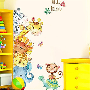 HILUCK Wall Door Stickers Decals Decoration Cartoon Cute Animals Tree Giraffe Horse Lion Elephant Turtle Monkey Deer Jungle Safari Woodland Removable For Children Boy Girl Kids Baby Bedroom Wardrobe Baby Nursery Wall Decor