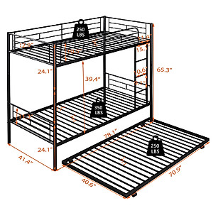 Heavy Duty Metal Bunk Bed Twin Over Twin Bunk Bed with Trundle Bed, Kids Bunk Bed with Ladder and Guardrails, Twin Bunk Beds for Kids, Boys, Girls, Teens, Black Bunk Bed Twin Size