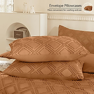 JELLYMONI Duvet Cover Queen, Rust Microfiber Tufted Duvet Cover Set, Boho Textured Duvet Cover Jacquard Rhombus Geometric Pattern Duvet Cover with Corner Ties & Zipper Closure