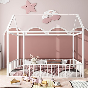 HZANHY Twin House Bed for Kids, Montessori Floor Bed with Rails, Metal Floor Bed Frame for Boys Girls Toddlers, Playhouse Bed with Roof, Twin Kids Bed Floor Bed with Post Foot Pads for Teen