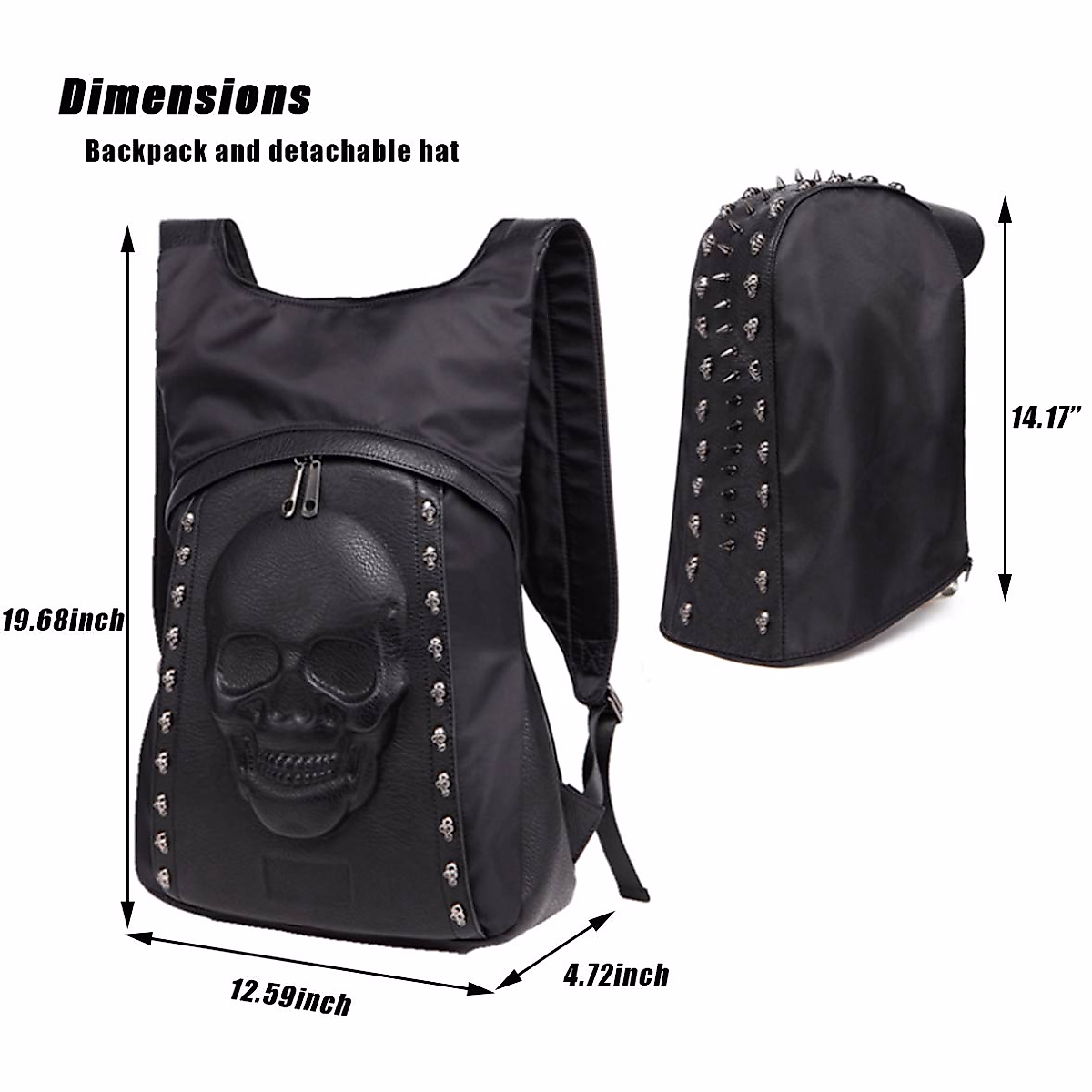 Chikencall Skull Backpack Hooded Skull Gothic Rucksack Rivet Studded Zipper Shoulder Purse Black Punk Metal 3D Stereo Daypack