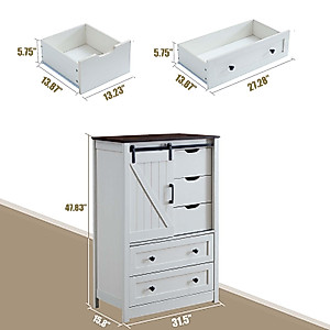 BLANKSPACE White Dresser for Bedroom with 5 Drawers, Rustic Wood Dressers with Sliding Barn Door, Farmhouse Dresser for Bedroom, Dining Room, Hallway, Antique White