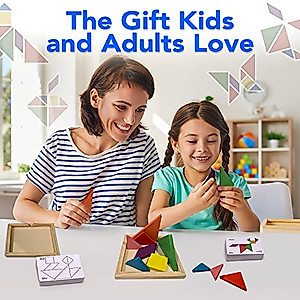 3 Bees & Me 2 Wooden Tangram Shapes Puzzle Toys with 52 Pattern Cards for Kids and Adults - Montessori Wood Toy, STEM Shape Puzzles Manipulatives Games, Educational Tangrams, Brain Logic Blocks