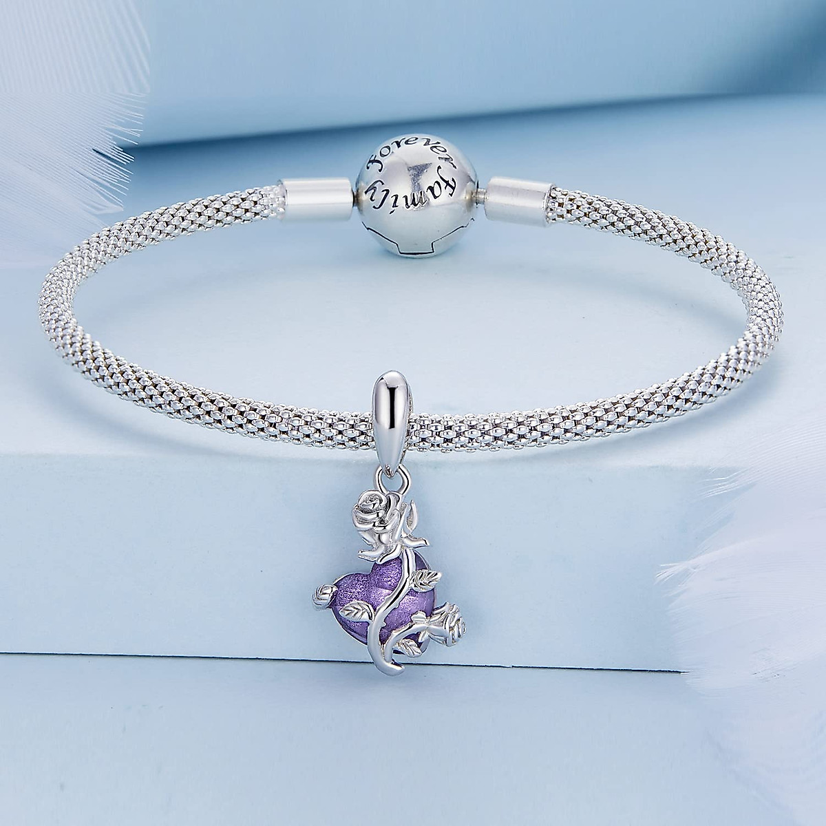 BABAMIA Rose Flower Love Charms for Bracelets and Necklaces 925 Sterling Silver Love Heart Pendant Charms Paved with Cubic Zirconia Exquisite Charms Jewelry for Women