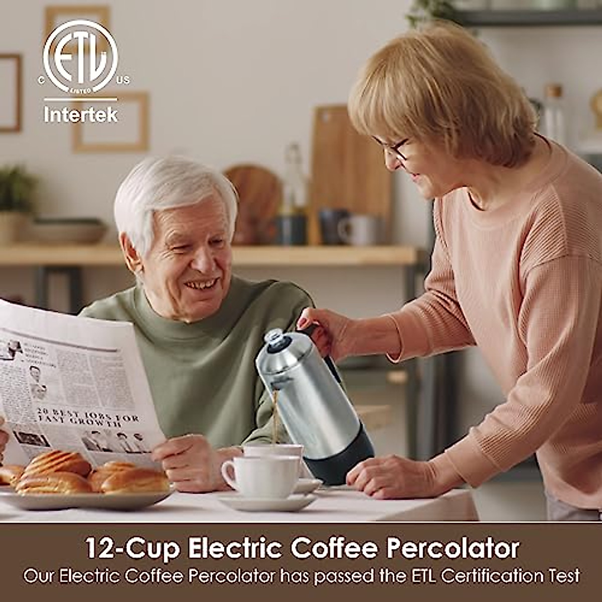 HOMOKUS Electric Coffee Percolator 12 CUPS Percolator Coffee Pot, 800W Percolator Coffee Maker Stainless Steel with Clear Knob Cool-touch Handle, Silver Coffee Pot Percolator Auto Keep Warm Function