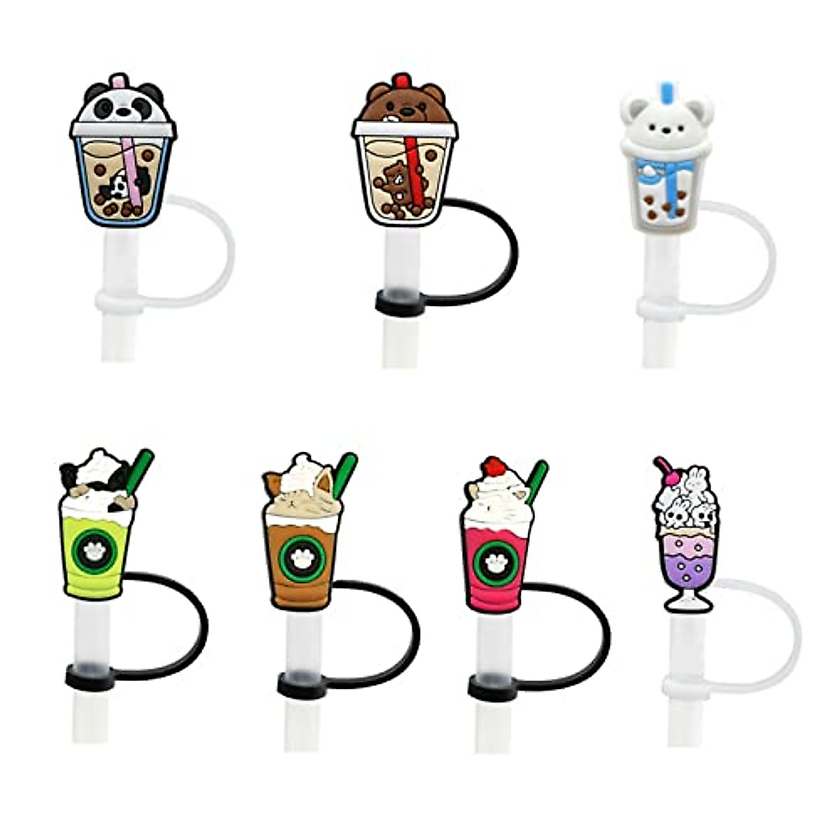 Straw Cover Cap 7 Pieces Reusable Silicone Straw Toppers Drinking Straw Tips Lids for 6-8 mm Cute Straws Plugs (Not include Straw) Style1