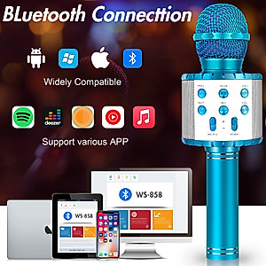 Winique Karaoke Microphone for Kids with Bluetooth & LED Lights - 5 in 1 Fun Toys Home KTV Birthday Party Player - Christmas Stocking Stuffers for Girls, Boys, and Teens(Blue)