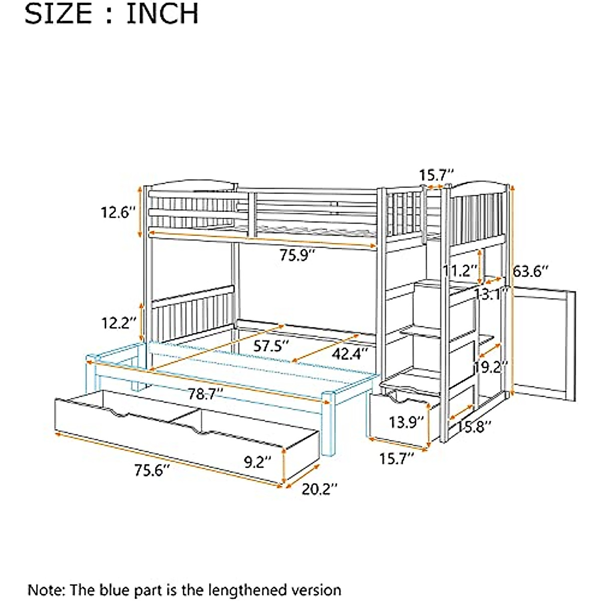 STP-Y Convertible Bunk Bed, Wood Bunk Bed with Storage Shelves and Drawers, Convertible Bottom Bed, Twin Over Twin/Twin Over Full, Grey