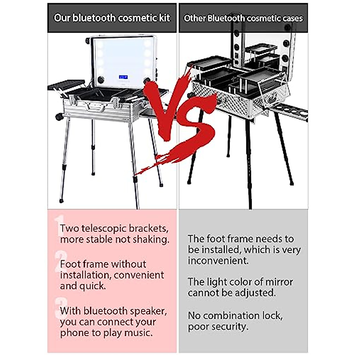 Lorvain 24 Inch Large Makeup Train Case with Mirror and Lights, Rolling Cosmetic Trolley with Bluetooth, Professional Artist Cosmetic Travel Organizer Box Aluminum Makeup Case Salon Station (Silvery)