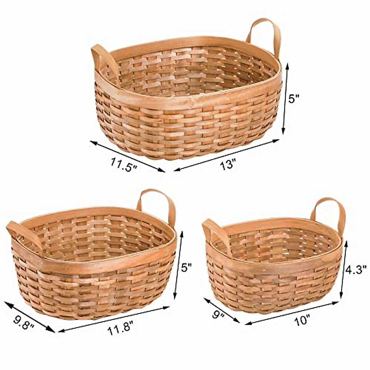 Elsjoy Set of 3 Wood Woven Storage Basket with Handles, Oval Fruit Bread Basket Organizer Rustic Rattan Nesting Basket Bin for Living Room, Bathroom, Kitchen, Home Decor