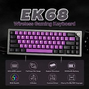 EPOMAKER EK68 65% Wireless Gaming Keyboard, Hot Swappable Gasket Mechanical Keyboard with Metal Knob, Bluetooth 5.0/2.4Ghz Wireless/USB-C Wired Custom Keyboard (Black Purple, Flamingo Switch)
