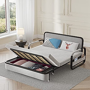 PIAQIA Convertible Pull Out Couch Sleeper with 1” Natural Latex Mattress, Folding Futon Sofa Bed with Storage, Suitable for Apartment, Dorm, Guest Room, Office, Light Gray, 59" Width