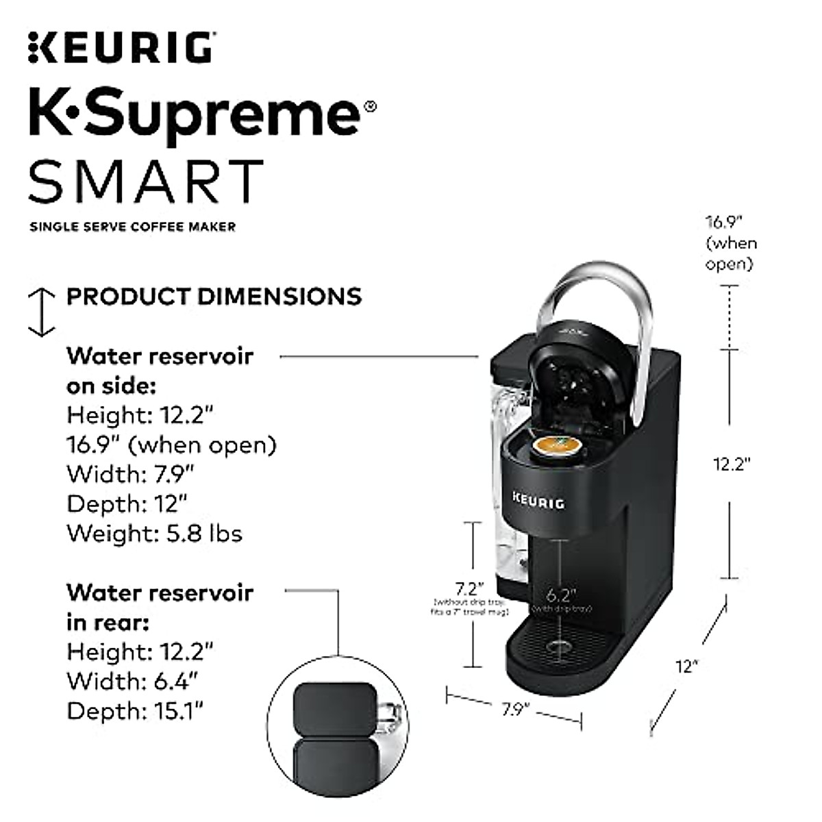 Keurig K-Supreme SMART Coffee Maker, MultiStream Technology, Brews 6-12oz Cup Sizes, Black