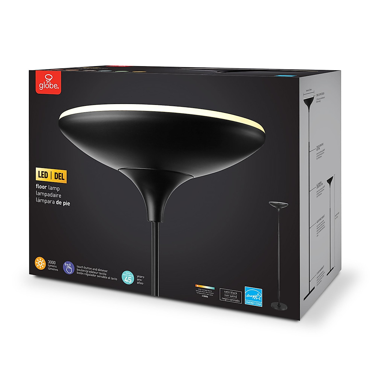 Globe Electric 12784 LED Floor Lamp Torchiere, Energy Star Certified, Dimmable, Super Bright, 43W, 3010 Lumens, Matte Black, Floor Lamp for Living Room, Floor Lamp for Bedroom, Home Improvement,