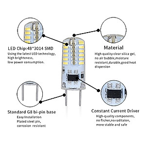 Nobranded G8 LED Bulb,WTINTELL G8 Bi-Pin Equivacent to 20W-25W T4 G8 Halogen Bulb,Dimable,Daylight White 5000K AC110V/120V/130V(10Pack).