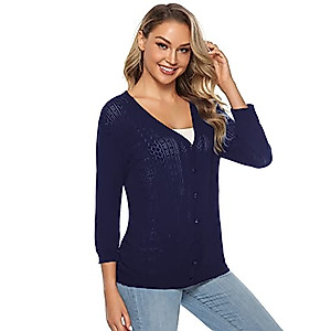 iClosam Summer Cardigans for Women Lightweight Work V Neck Knitted Cardigan 3/4 Sleeve Shrug Sweater Navy Blue
