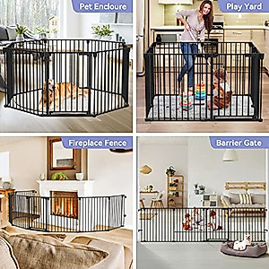 Kfvigoho Baby Gate 35"-198" Extra-Wide Gate for Stairs, Play Yard Child Safety Gate, Dog-gate with Auto-Close Door, Double Locking System for Fireplace, Kitchen, Foldable 8 Steel Panels, 29" Height