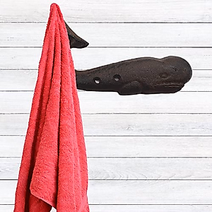 Needzo Cast Iron Nautical Whale Towel Hook Holder, Wall Mounted Hooks for Hanging Towels, Coats, and More, Rustic Coastal Bathroom Decor for Beach Houses, 5.5 Inches