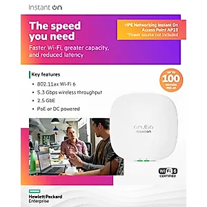 HPE Networking Instant On Access Point AP25 4x4 WiFi 6 Indoor Wireless Access Point | Power Source Not Included | US Model (R9B27A)