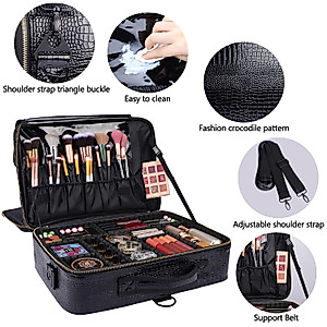 Oewoer Travel Makeup Train Case PU Leather Professional Makeup Case 16" with Adjustable Strap Portable Cosmetic Organizer Artist Storage Bag for Toiletry Jewelry Digital Accessories (L-Black)