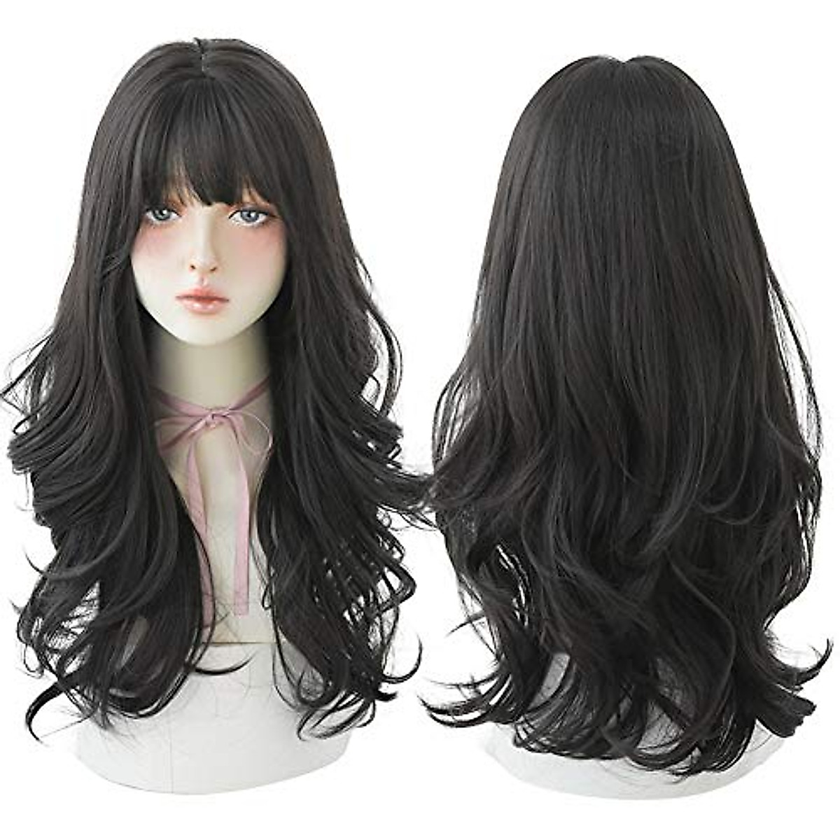 Long Black Body Wave Wigs with Bangs - 24 inch Glueless Synthetic Bodywave Wig, Heat Resistant Light Layered Wig for Girls Daily Party Cosplay