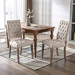 TRIPLE TREE High Back Dining Chairs Set of 2,Linen Fabric Accent Dining Chairs with Wooden Legs and Padded Seat,Upholstered Button Tufted Armless Chair Side Chair for Kitchen & Dining Room,Beige