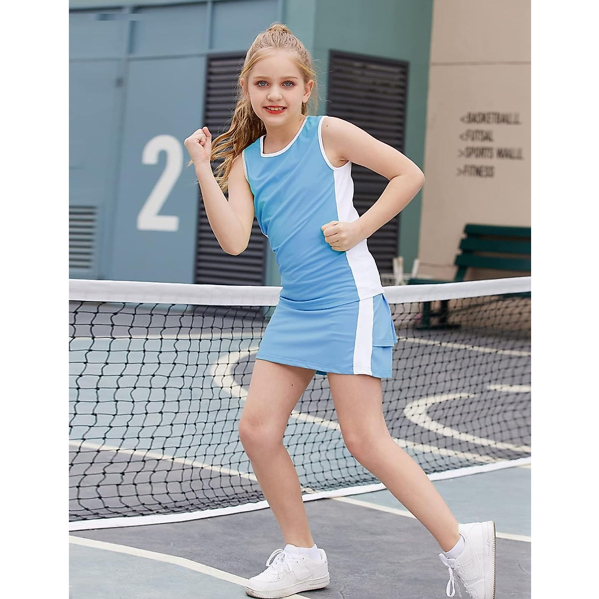 Zaclotre Girls Tennis Golf Dress Outfit Sleeveless Tank Top and Skorts Sets Sport Skirt with Shorts Light Blue