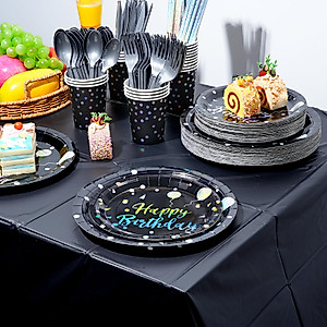 Happy Birthday Plates and Napkins Set Serve 25, Black and Iridescent Birthday Party Supplies, Disposable Paper Plates Napkins Cups, Birthday Tableware for Glitter Birthday Party Decorations