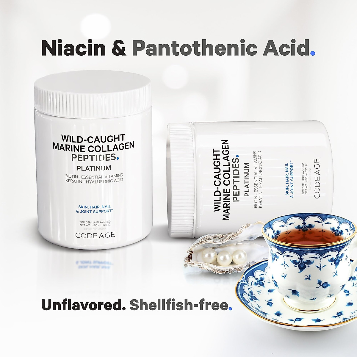 Codeage Marine Collagen Protein Powder Supplement Platinum - Biotin 10,000 mcg, Vitamin C, D3 & B6, Keratin, Hyaluronic Acid, Niacin, Wild Caught Hydrolyzed Fish Collagen Peptides - Non-GMO - 11.50 oz